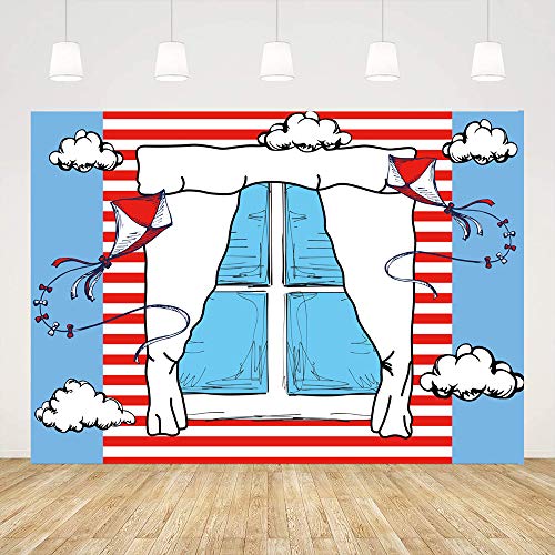 Cartoon Window Backdrops for Photography Kids Birthday Party Background 5x3ft Blue Red Kite Striped Kids Party Backdrop Boys Girls 1st Birthday Decorations Cake Table Banner Show Photo Booth Props