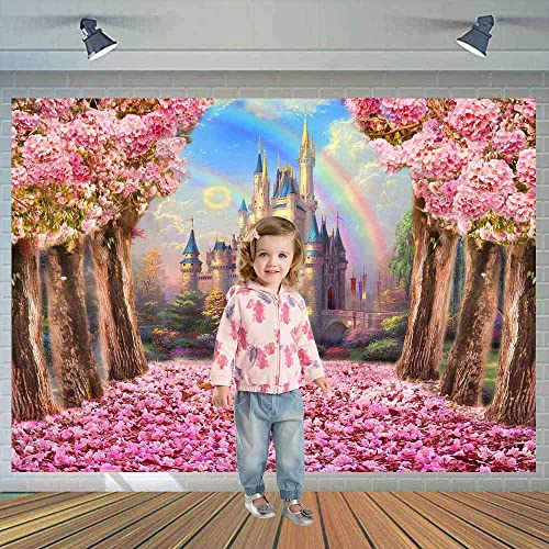 Castle Backdrop 7x5ft Spring Pink Sakura Flowers Washable Polyester Photography Background Wedding Birthday Party Princess Photo Studio Props YL058