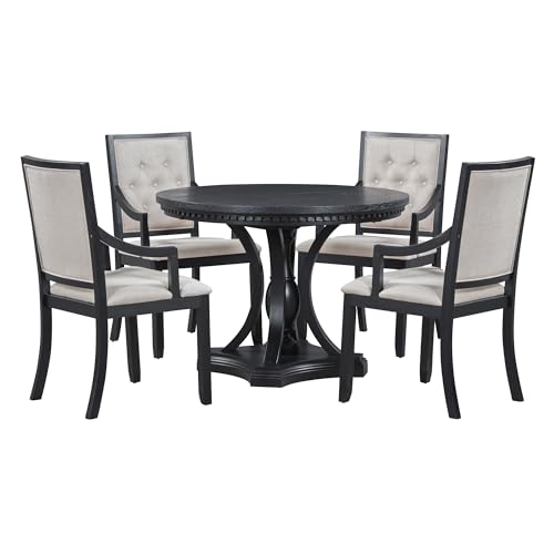 MengK Retro 5-Piece Dining Set Extendable Round Table and 4 Chairs for Kitchen Dining Room (Black Oak)