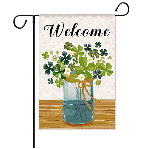 WODISON Welcome St Patricks Day Garden Flag For Yard House, Spring Shamrocks Clovers 12x18 Inch Burlap Double Sided Printing, Outdoors Home Decoration Banner (Only Flag)
