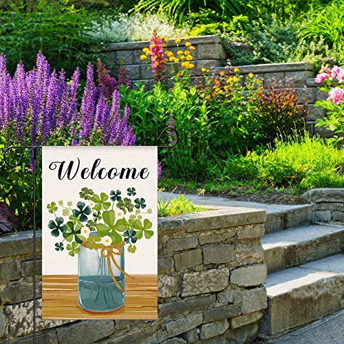 WODISON Welcome St Patricks Day Garden Flag For Yard House, Spring Shamrocks Clovers 12x18 Inch Burlap Double Sided Printing, Outdoors Home Decoration Banner (Only Flag)