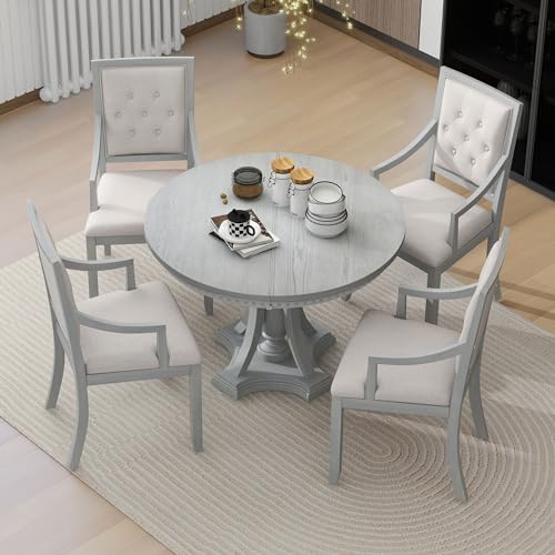 MengK Retro 5-Piece Dining Set Extendable Round Table and 4 Chairs for Kitchen Dining Room(Antique Gray Oak)