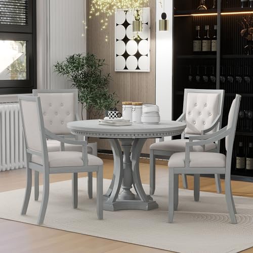 MengK Retro 5-Piece Dining Set Extendable Round Table and 4 Chairs for Kitchen Dining Room(Antique Gray Oak)