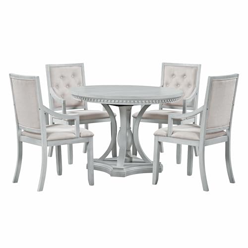 MengK Retro 5-Piece Dining Set Extendable Round Table and 4 Chairs for Kitchen Dining Room(Antique Gray Oak)