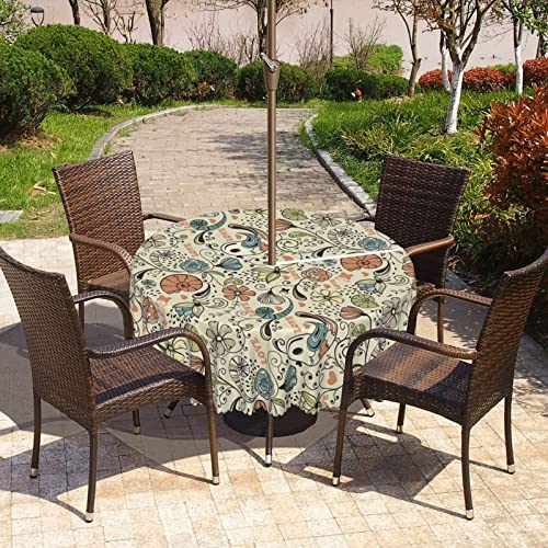 Lirduipu Animal Pattern Round Outdoor Tablecloth,Round Table Cloth Washable Water Resistance Tablecloth with Umbrella Hole Zippered,for Umbrella Table Patio Garden(52" Round,Eggshell and Multicolor)