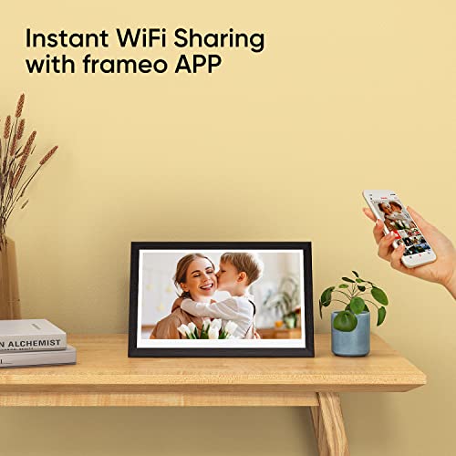 2023 FRAMEO 15.6’’ Large Digital Picture Frame with 1920x1080P FHD IPS Touch Screen, Up to 128GB Wooden WiFi Electronic Photo Frame Wall Mountable Easy Setup to Share Photos Videos Instantly Anywhere