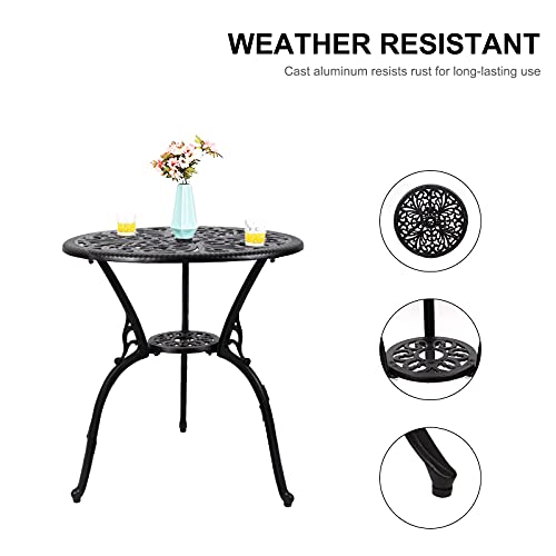 Polar Aurora 3 Piece Aluminum Patio Bistro Set Cast Aluminum Bistro Table Set Outdoor Round Dining Table with Umbrella Hole for Porch, Lawn, Garden, Backyard, Pool, Classic Black