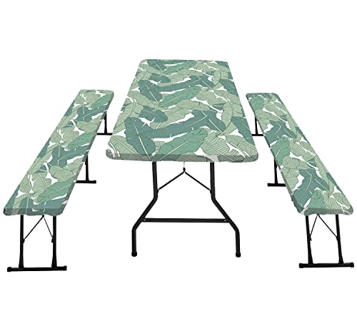 Capslpad 6 ft Picnic Table Cover with Bench Covers with Elastic Edges Waterproof Polyester Tablecloth with Seat Covers for Picnic Table Bench Camping Indoor Outdoor Patio Garden,Tropical Palm Leaves