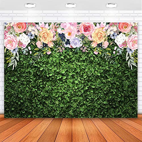 Avezano 7x5ft Flower Grass Photography Backdrop Green Spring Grass Lawn Party Background Vinyl Floral Grass Birthday Baby Shower Miss to Mrs Wedding Bridal Shower Backdrops Cake Table Decorations