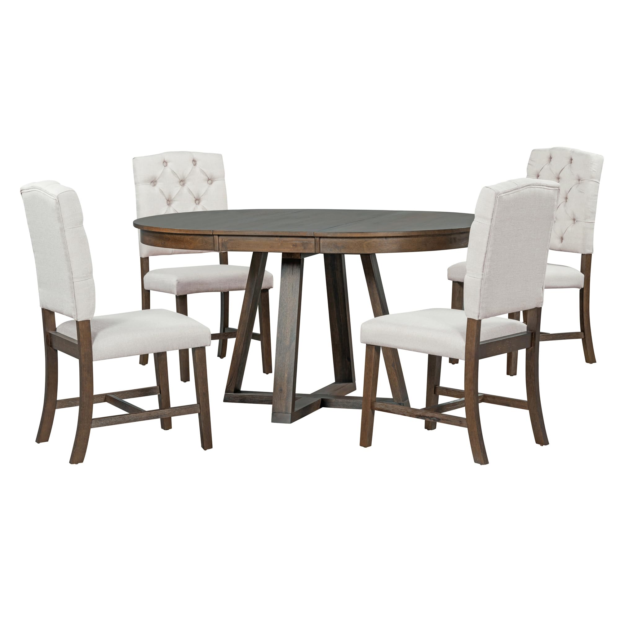 Lifeand 5-Piece Retro Functional Set, Round Table with a 16" w Leaf and 4 Upholstered Chairs for Dining Living Room,Walnut