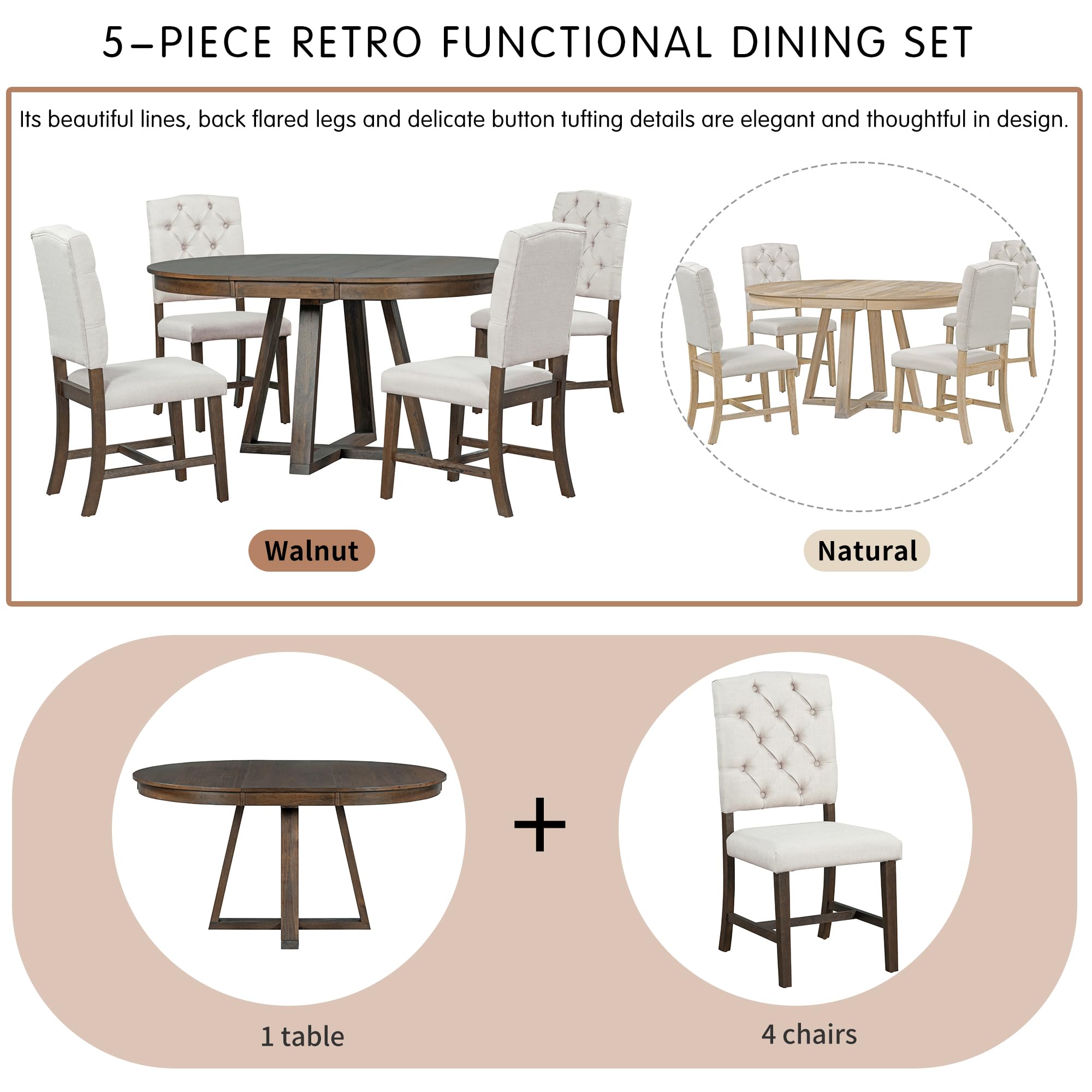 Lifeand 5-Piece Retro Functional Set, Round Table with a 16" w Leaf and 4 Upholstered Chairs for Dining Living Room,Walnut