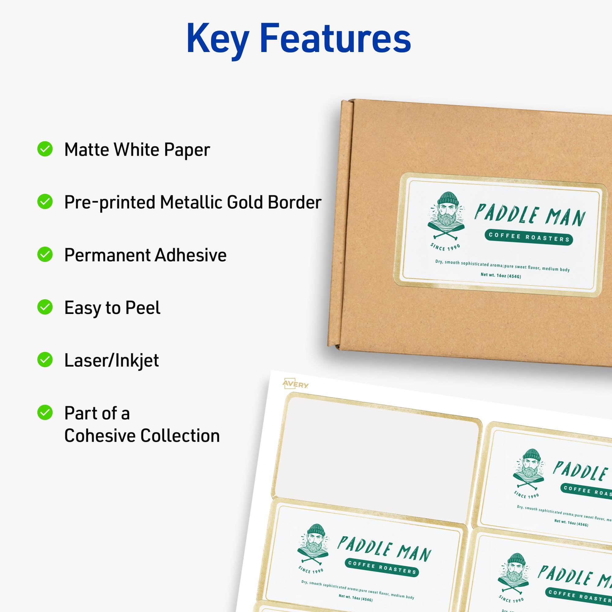 Avery Printable Shipping Labels, 2" x 4", Matte White with Gold Border, 100 Blank Mailing Labels (6541)