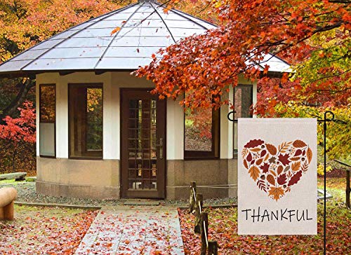 Keniot Thankful Garden Flag Burlap Autumn Leaf Heart Thanksgiving Garden Flag, Double Sided Happy Fall Harvest Rustic Yard Outdoor Decoration, 12.5 x 18.5 inch