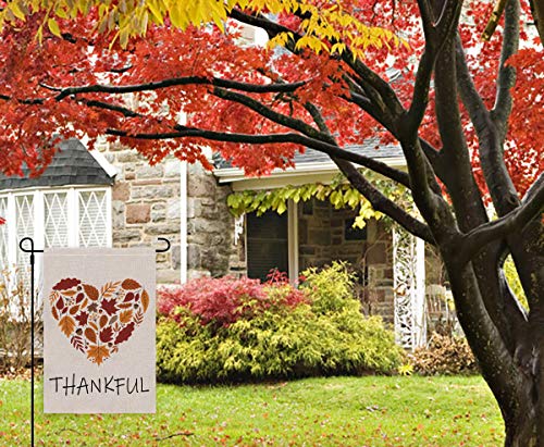 Keniot Thankful Garden Flag Burlap Autumn Leaf Heart Thanksgiving Garden Flag, Double Sided Happy Fall Harvest Rustic Yard Outdoor Decoration, 12.5 x 18.5 inch
