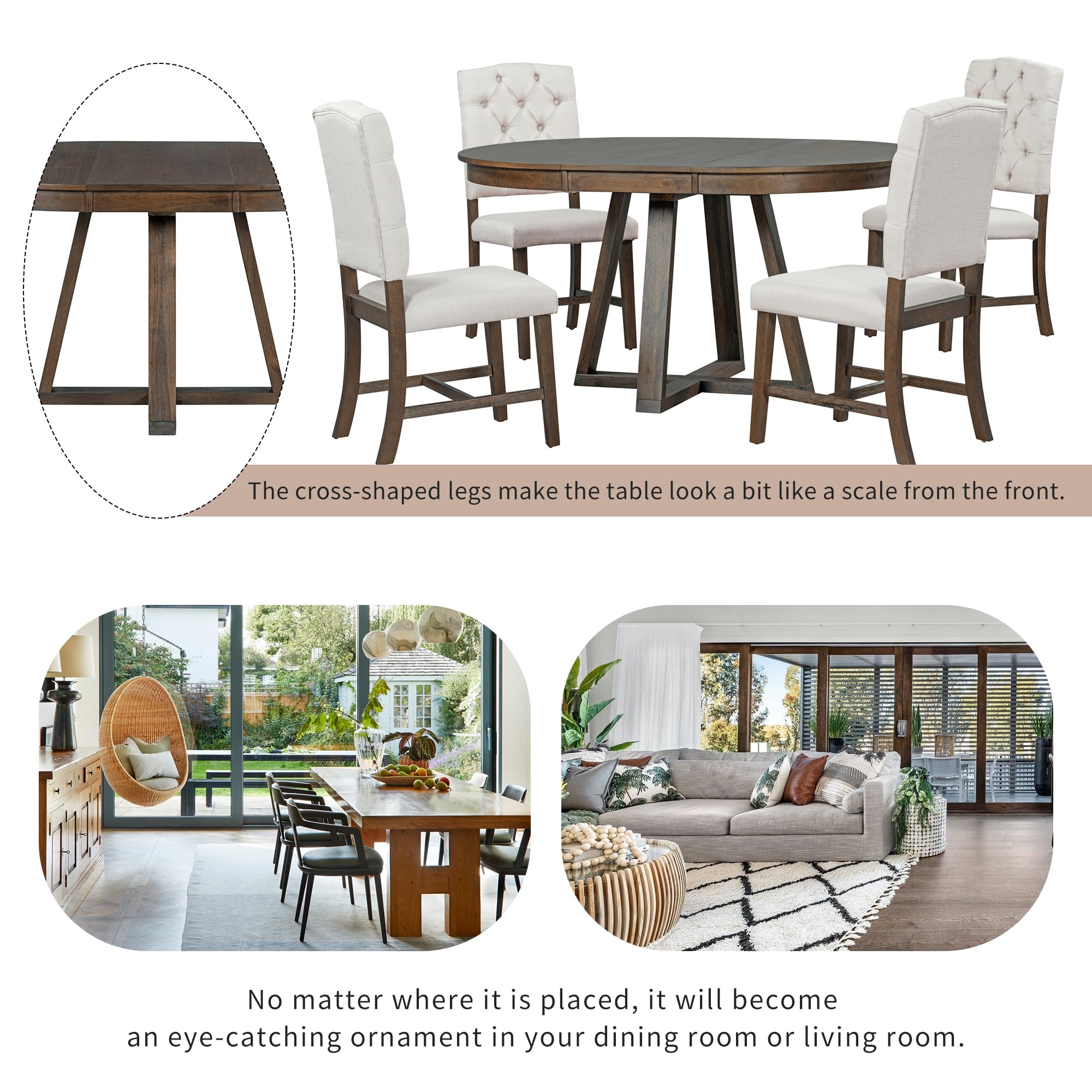 Lifeand 5-Piece Retro Functional Set, Round Table with a 16" w Leaf and 4 Upholstered Chairs for Dining Living Room,Walnut