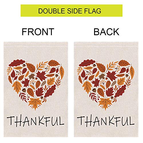 Keniot Thankful Garden Flag Burlap Autumn Leaf Heart Thanksgiving Garden Flag, Double Sided Happy Fall Harvest Rustic Yard Outdoor Decoration, 12.5 x 18.5 inch