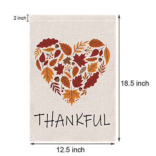 Keniot Thankful Garden Flag Burlap Autumn Leaf Heart Thanksgiving Garden Flag, Double Sided Happy Fall Harvest Rustic Yard Outdoor Decoration, 12.5 x 18.5 inch