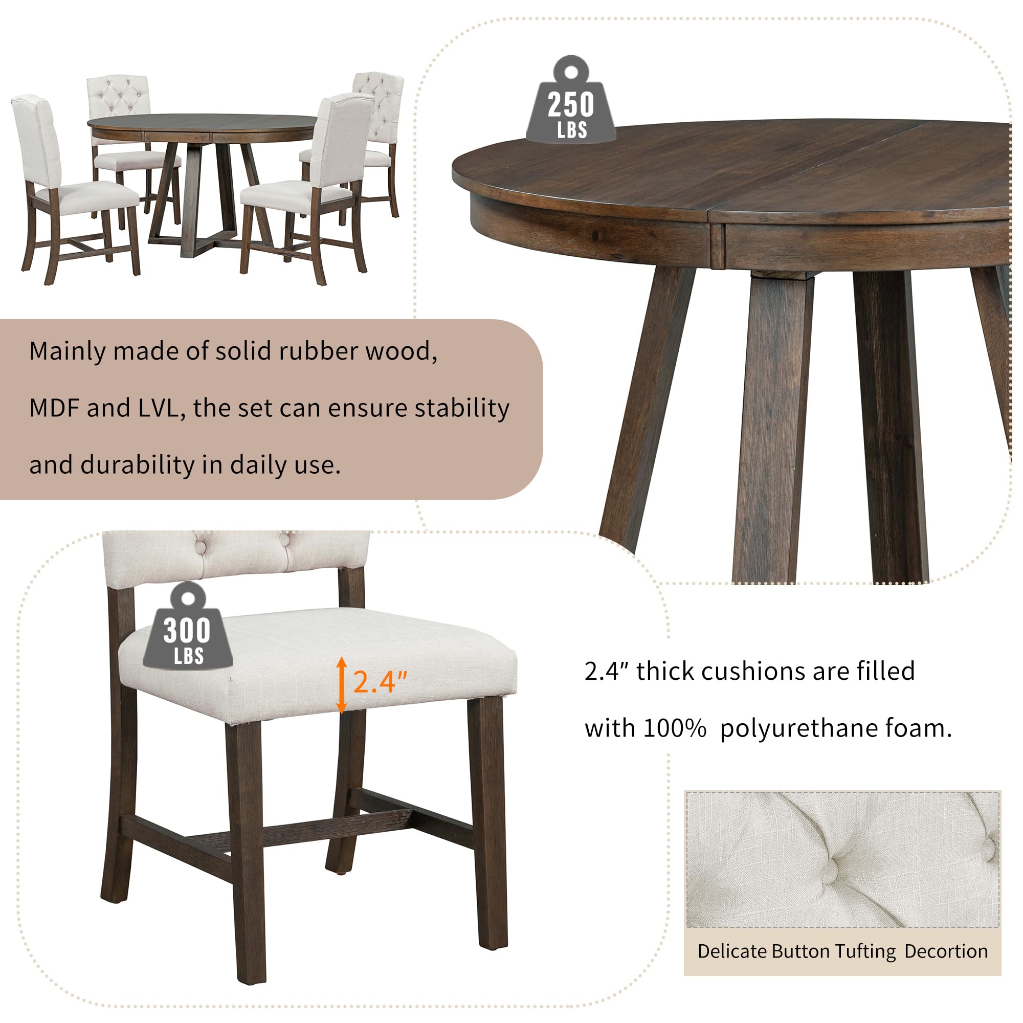 Lifeand 5-Piece Retro Functional Set, Round Table with a 16" w Leaf and 4 Upholstered Chairs for Dining Living Room,Walnut