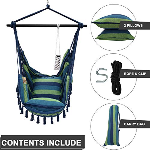 Project One Hanging Rope Hammock Chair, Hanging Rope Swing Seat with 2 Pillows, Carrying Bag, and Hardware Kit Perfect for Outdoor/Indoor Yard Deck Patio and Garden, 300 LBS Cap (Blue Green Stripe)