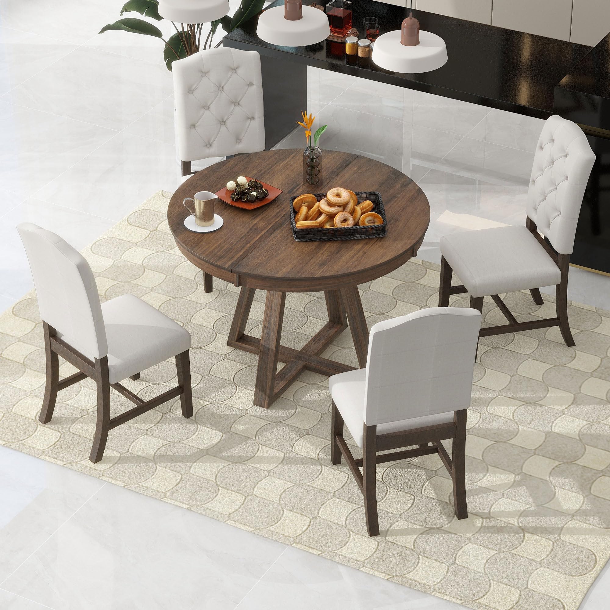Lifeand 5-Piece Retro Functional Set, Round Table with a 16" w Leaf and 4 Upholstered Chairs for Dining Living Room,Walnut