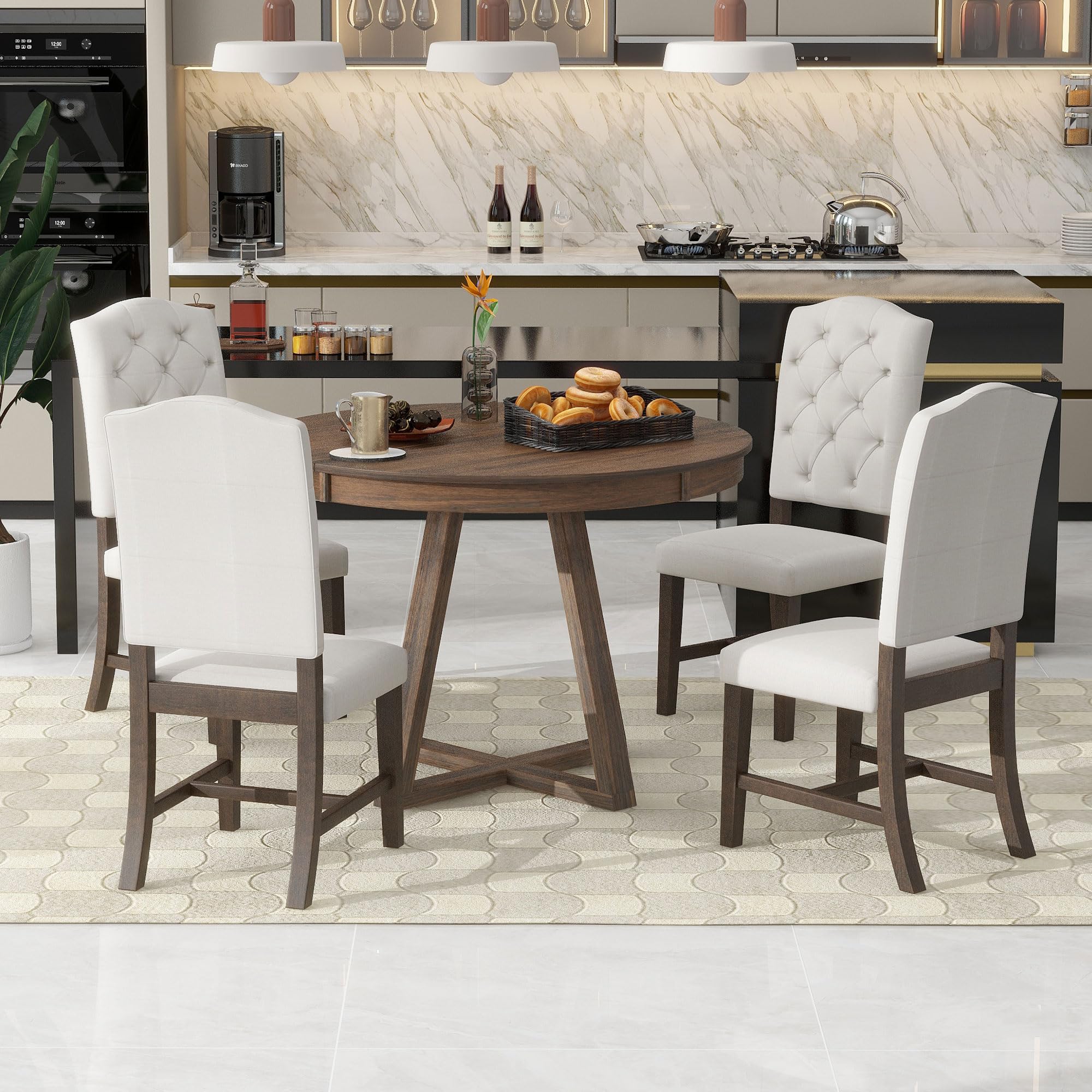 Lifeand 5-Piece Retro Functional Set, Round Table with a 16" w Leaf and 4 Upholstered Chairs for Dining Living Room,Walnut