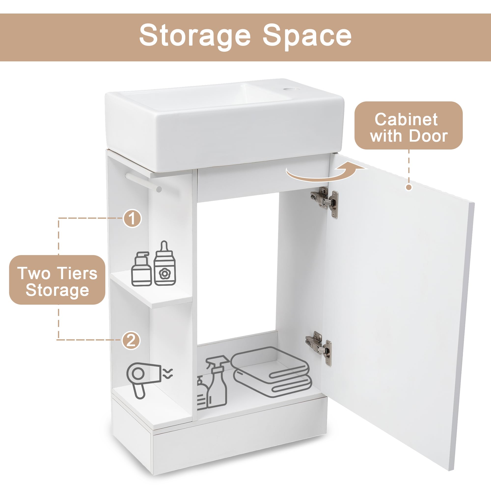 Beardslee 18.6" Bathroom Vanity, Small Narrow Bath Vanity with Sink Combo, Bathroom Vanity Cabinet with Two-Tier Shelf, Left or Right Orientation, White Ceramic Vessel Sink for Small Space