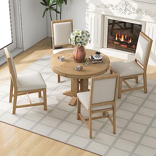 Dinehome 5-Piece Round Extendable Table Set for 4 with Four Upholstered Chairs, for Dining Room, Natural Wood Wash