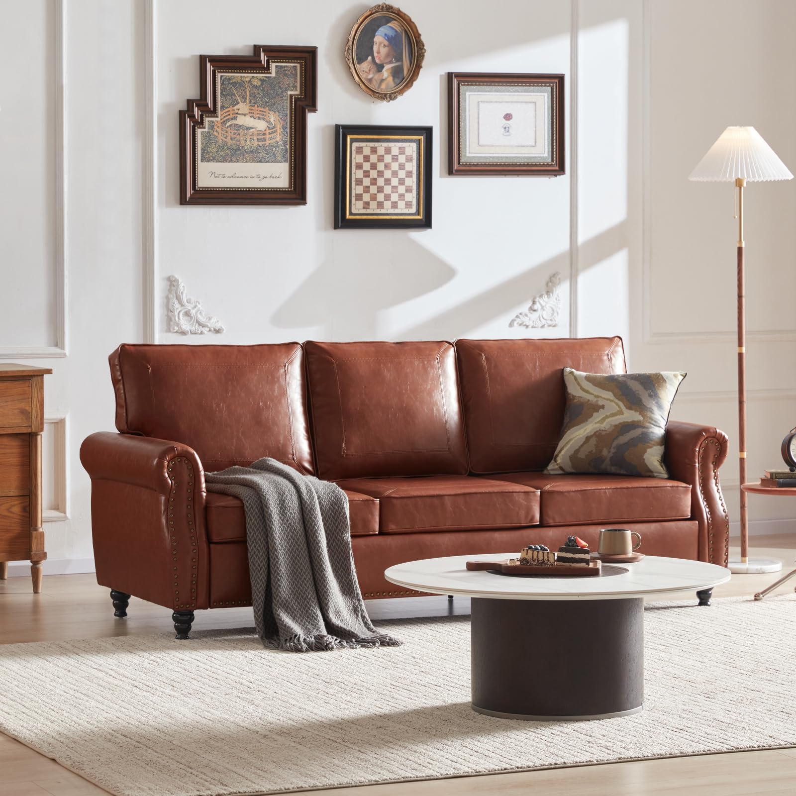 WILLOVE 79'' Faux Leather Sofa, Classic 3 Seater Leather Couch with Rolled Arm and Nailhead Trim, Mid-Century Modern Couch for Living Room, Apartment, Easy to Install, Tan Brown