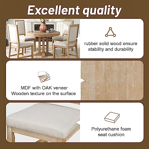 Dinehome 5-Piece Round Extendable Table Set for 4 with Four Upholstered Chairs, for Dining Room, Natural Wood Wash