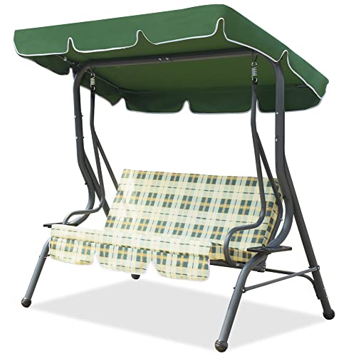 Zupapa Upgraded Outdoor Patio Swing Chair w/Thickened 3-Person Armrest Seat, Canopy Swing w/Adjustable Shading, Reinforced Powder-Coated Swing Sets for Backyard, Porch, Poolside, Balcony - Checked