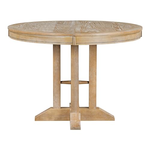 Dinehome 5-Piece Round Extendable Table Set for 4 with Four Upholstered Chairs, for Dining Room, Natural Wood Wash