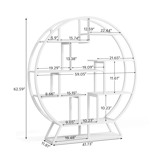 Tribesigns Bookshelf, Round Bookshelves Etagere Bookcase, 63 Inch Wood Book Shelf with Staggered Shelves, Rustic Open Shelving Organizer Rack Display Shelf for Home Office, Living Room, White