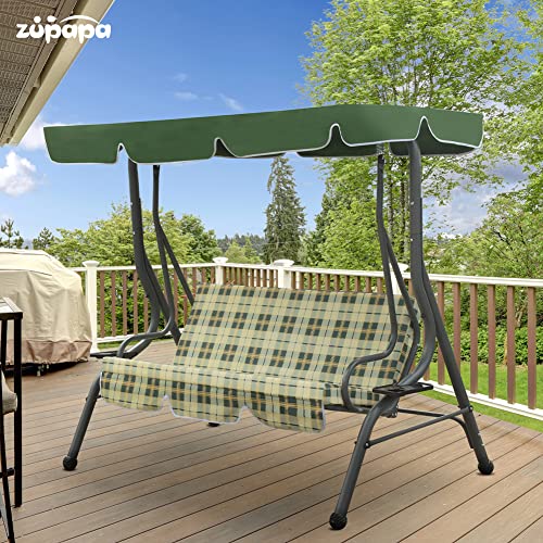 Zupapa Upgraded Outdoor Patio Swing Chair w/Thickened 3-Person Armrest Seat, Canopy Swing w/Adjustable Shading, Reinforced Powder-Coated Swing Sets for Backyard, Porch, Poolside, Balcony - Checked