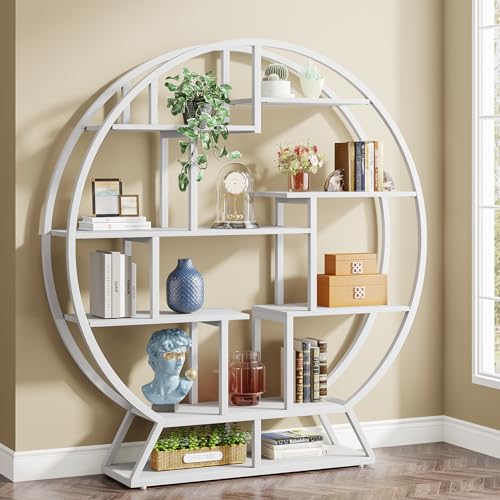 Tribesigns Bookshelf, Round Bookshelves Etagere Bookcase, 63 Inch Wood Book Shelf with Staggered Shelves, Rustic Open Shelving Organizer Rack Display Shelf for Home Office, Living Room, White