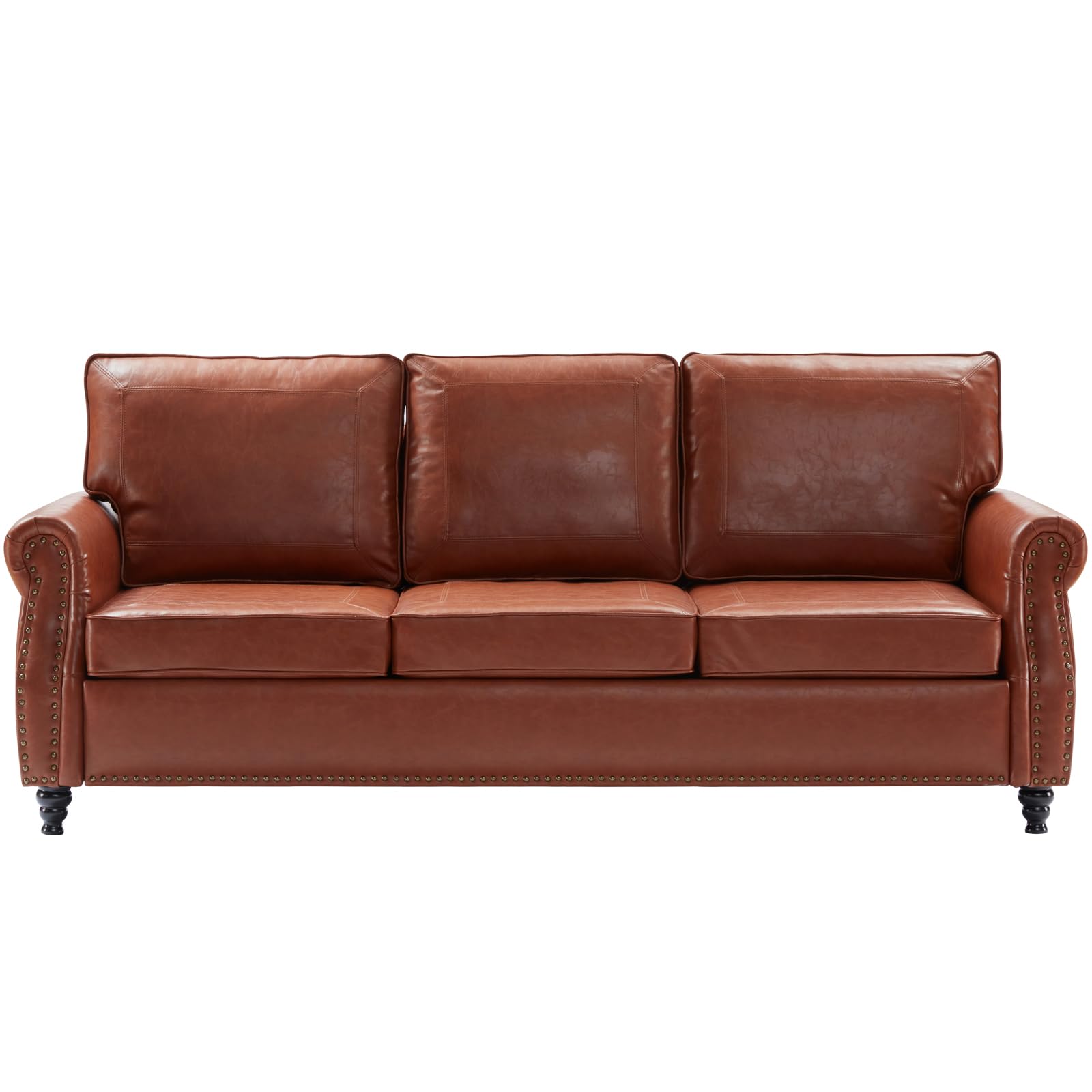 WILLOVE 79'' Faux Leather Sofa, Classic 3 Seater Leather Couch with Rolled Arm and Nailhead Trim, Mid-Century Modern Couch for Living Room, Apartment, Easy to Install, Tan Brown