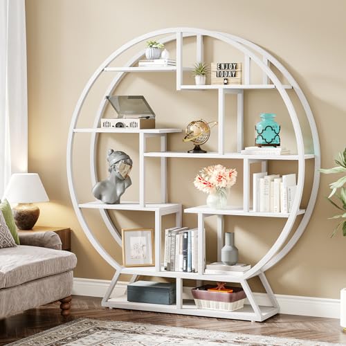 Tribesigns Bookshelf, Round Bookshelves Etagere Bookcase, 63 Inch Wood Book Shelf with Staggered Shelves, Rustic Open Shelving Organizer Rack Display Shelf for Home Office, Living Room, White