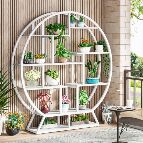Tribesigns Bookshelf, Round Bookshelves Etagere Bookcase, 63 Inch Wood Book Shelf with Staggered Shelves, Rustic Open Shelving Organizer Rack Display Shelf for Home Office, Living Room, White