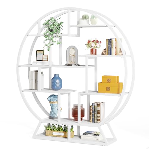 Tribesigns Bookshelf, Round Bookshelves Etagere Bookcase, 63 Inch Wood Book Shelf with Staggered Shelves, Rustic Open Shelving Organizer Rack Display Shelf for Home Office, Living Room, White