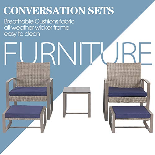 Festival Depot 5 Pieces Patio Outdoor Conversation Chairs Cushions Ottomans Set with Coffee Square Table Metal Frame Furniture Garden Bistro Seating Thick Soft Cushions (Blue)