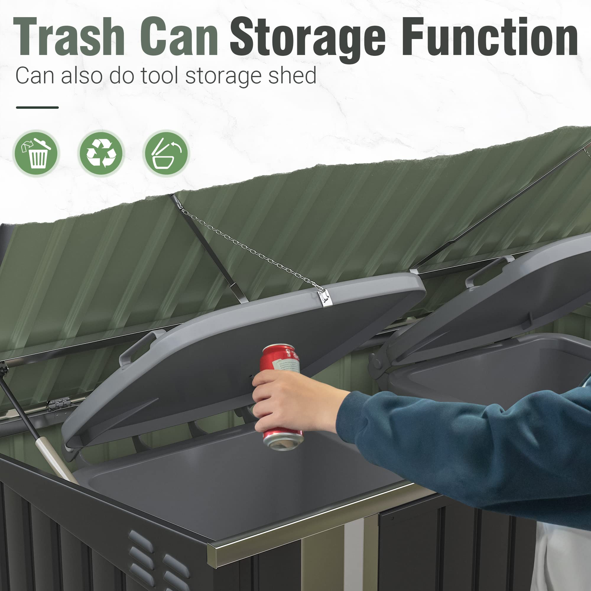 Greesum 5.8x3.3 FT Outdoor Storage Shed Metal Garbage Shed with Lid Chain Hydraulic Gas Rod for Lawn Tools,Bikes,Toys,Garbage Bin,Black