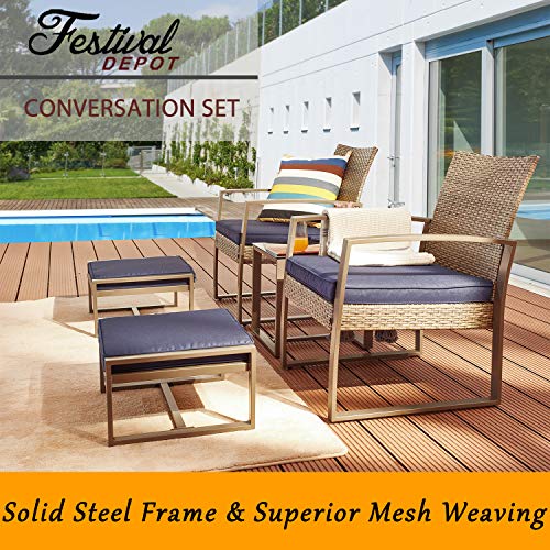 Festival Depot 5 Pieces Patio Outdoor Conversation Chairs Cushions Ottomans Set with Coffee Square Table Metal Frame Furniture Garden Bistro Seating Thick Soft Cushions (Blue)