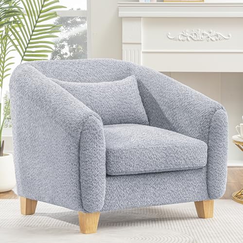 Living Room Single Sofa Chair,Modern Upholstered Teddy Sherpa Fabric Upholstery Accent Arm Chair,Comfy Reading Lounge Tub Barrel Club Arm Chair for Bedroom Small Spaces,Tufted Decorative,Lumbar Pillow