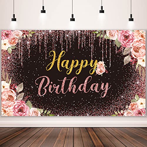 Happy Birthday Backdrop Decorations for Women Background Party Supplies Rose Backdrop Photography for Girls Boys Floral Glitters Banner Wedding Baby Shower Decor (Black)