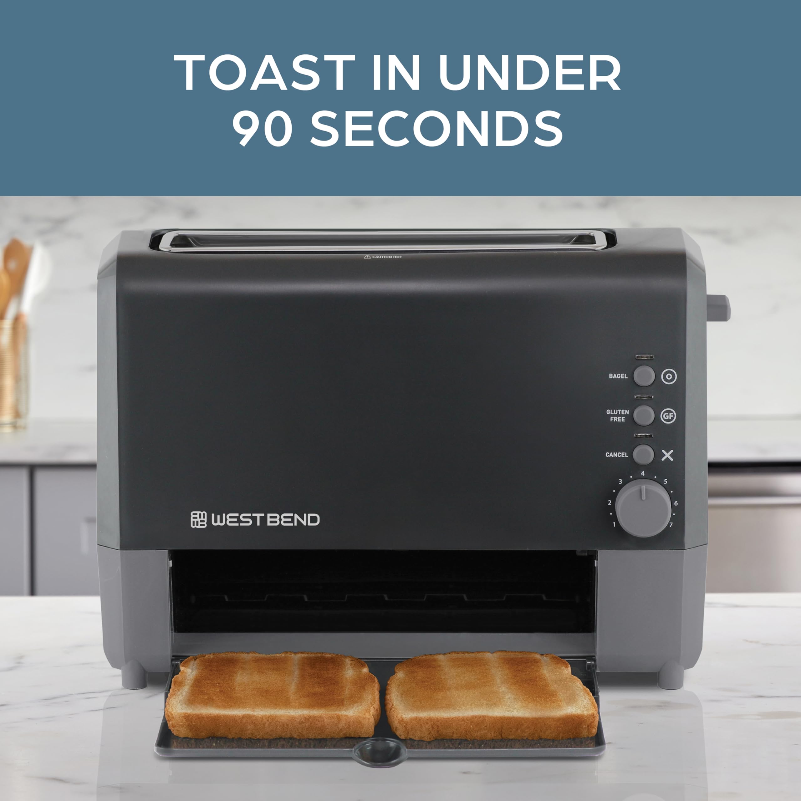 West Bend 77224 Toaster 2 Slice QuikServe Wide Slot Slide Through with Bagel and Gluten-Free Settings and Cool Touch Exterior Includes Removable Serving Tray, Black