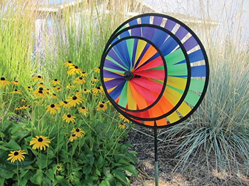 In The Breeze Rainbow Triple Wheel Spinner- Ground Stake Included - Colorful Wind Spinner for your Yard and Garden