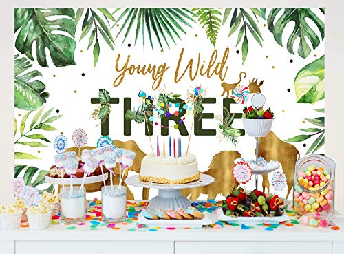 Ticuenicoa Young Wild Three 3rd Birthday Backdrop Jungle Safari Animals Background for Photography Tropical Leaves Backdrops Third Birthday Party Decorations 3 Years Old Photo Booth Props 5x3ft