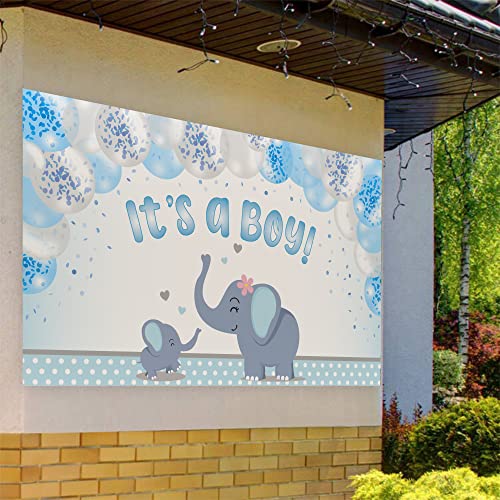 Elephant Baby Shower Backdrop Banner Blue Gray Baby Shower Decorations for Boy, Large Fabric Rustic Animal Theme Birthday Party Supply, It's A Boy Background Decor, Photography Props 72.8 x 43.3 Inch