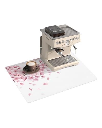 Spring Pink Sakura Blossom Flowers Coffee Mat Coffee Maker Mat,Super Absorbent Coffee Bar Accessories,Floral Garden Art on White Non-slip Coffee Station Mat Dish Drying Pad,16x18in