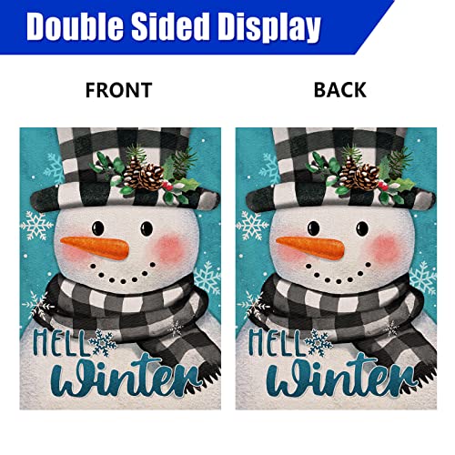 Covido Home Decorative Hello Winter Snowman Garden Flag, Buffalo Plaid Check Yard Outside Decorations, Outdoor Small Decor Double Sided 12x18