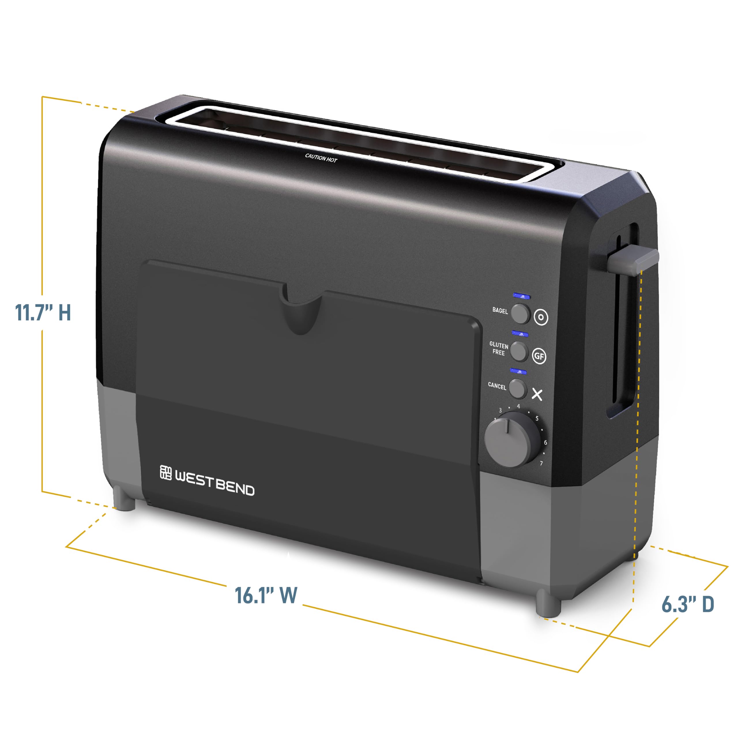 West Bend 77224 Toaster 2 Slice QuikServe Wide Slot Slide Through with Bagel and Gluten-Free Settings and Cool Touch Exterior Includes Removable Serving Tray, Black